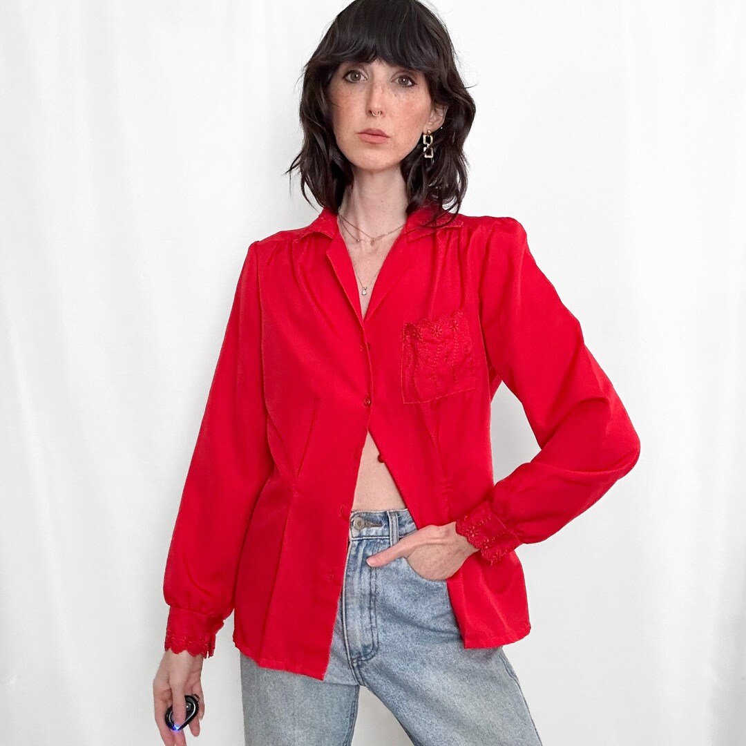 Vintage Cherry Red Floral Collar Top - Etsy
