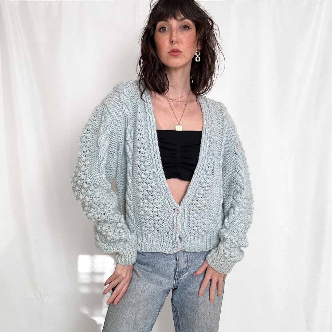 Vintage Baby Blue Chunky Cropped Cardigan - Etsy
