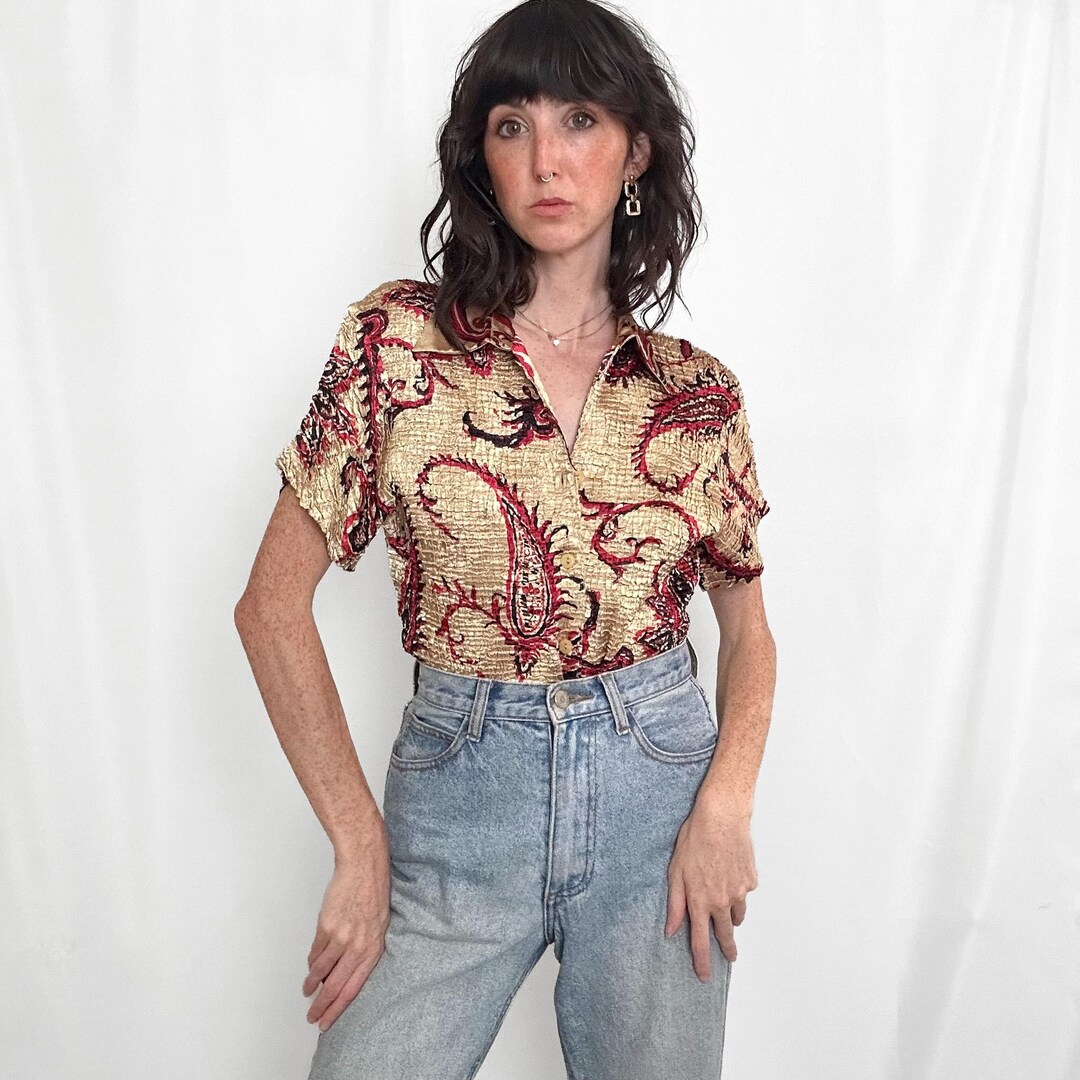 Vintage Artsy Glam Flame Gold Satin Button Down - Etsy