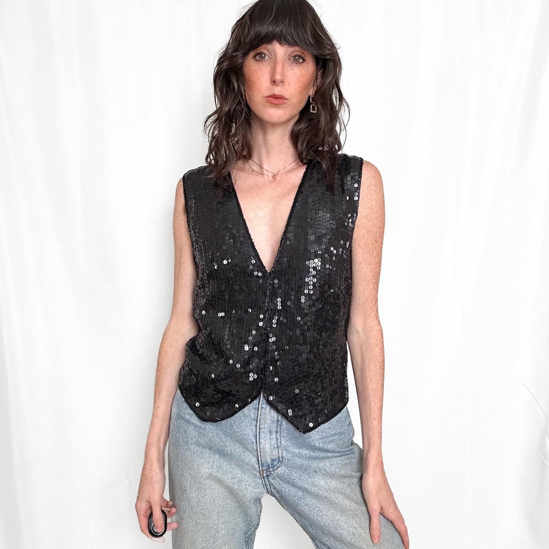 Vintage Black Sequin Silk Vest - Etsy