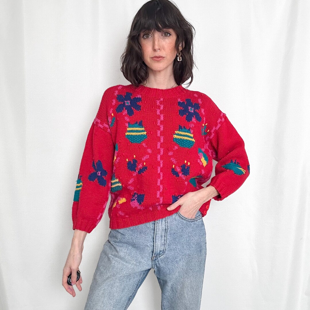 Vintage Funky Red Floral Sweater - Etsy