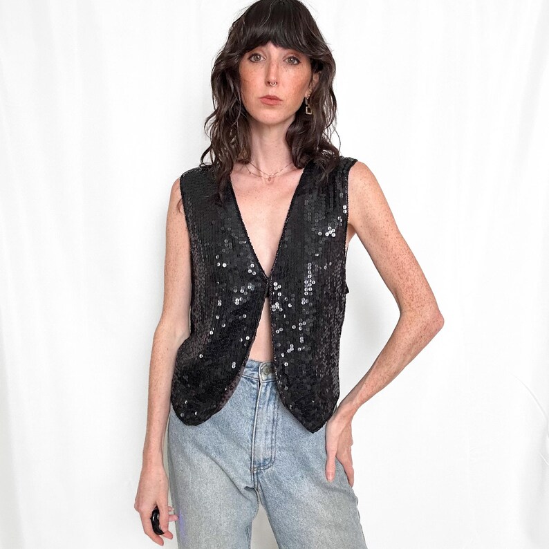 Vintage Black Sequin Silk Vest - Etsy