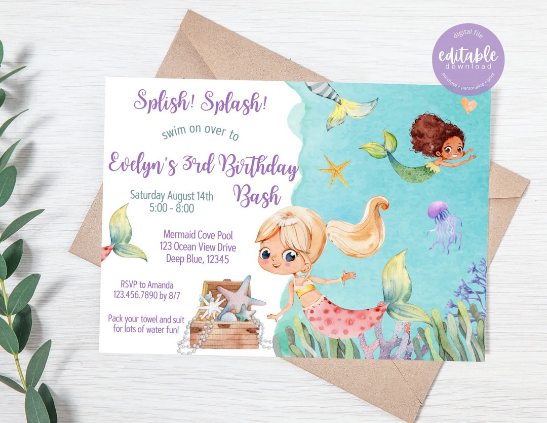 Invitación de cumpleaños de sirena, Splish Splash Mermaid Bash ...