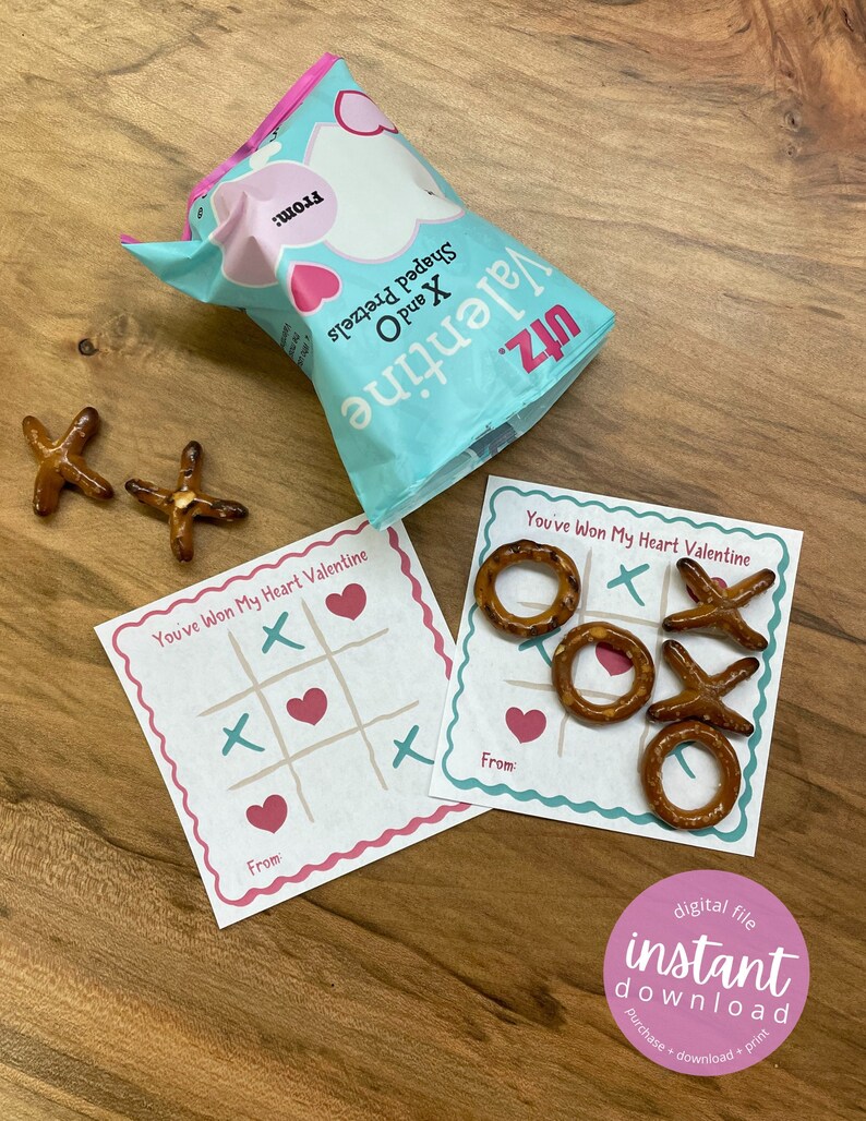 Tic-tac-toe Valentine Instant Print for Class Exchange, Pretzel Snack ...
