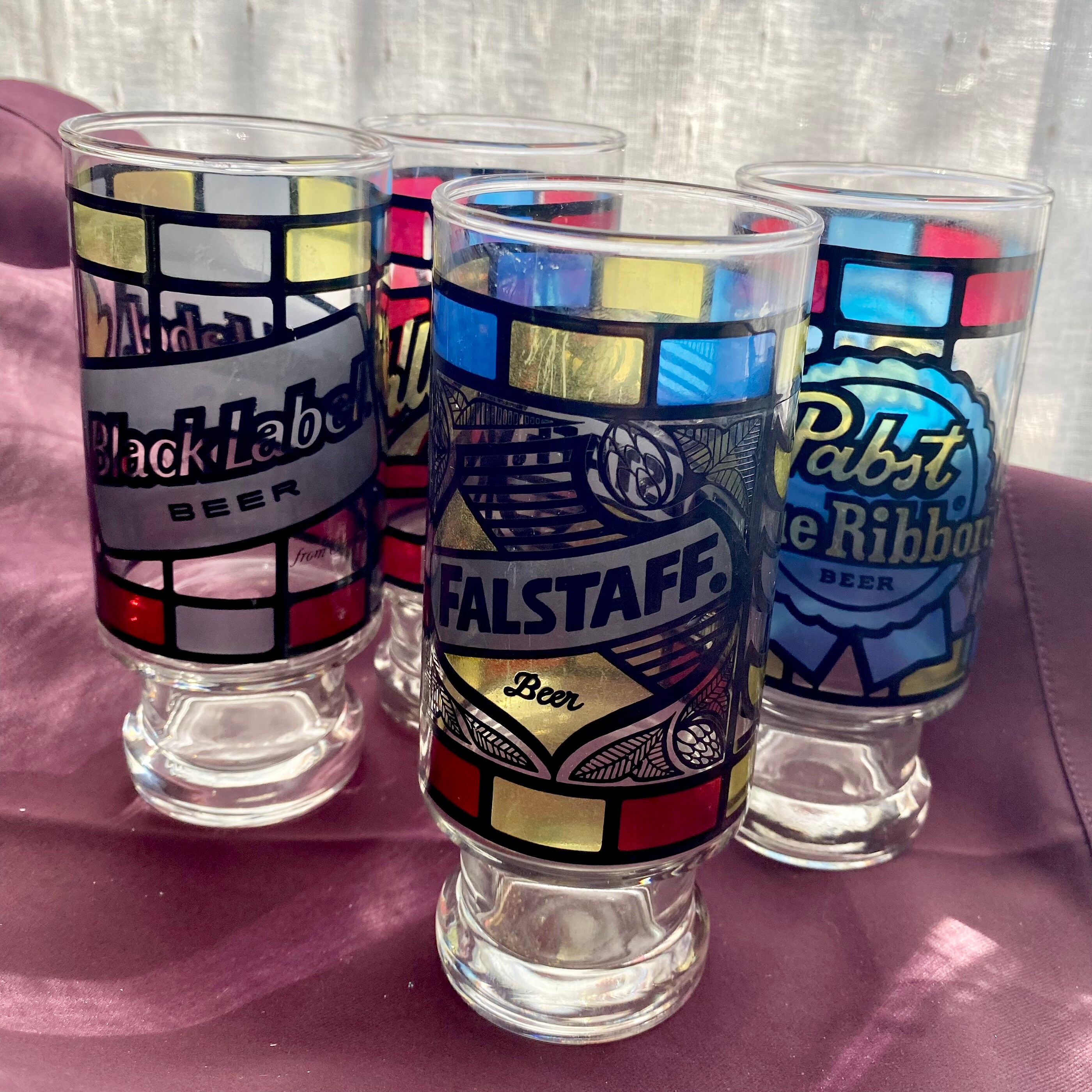 Set of Four 1970s Stained Glass Beer Glasses: Black Label, Falstaff ...