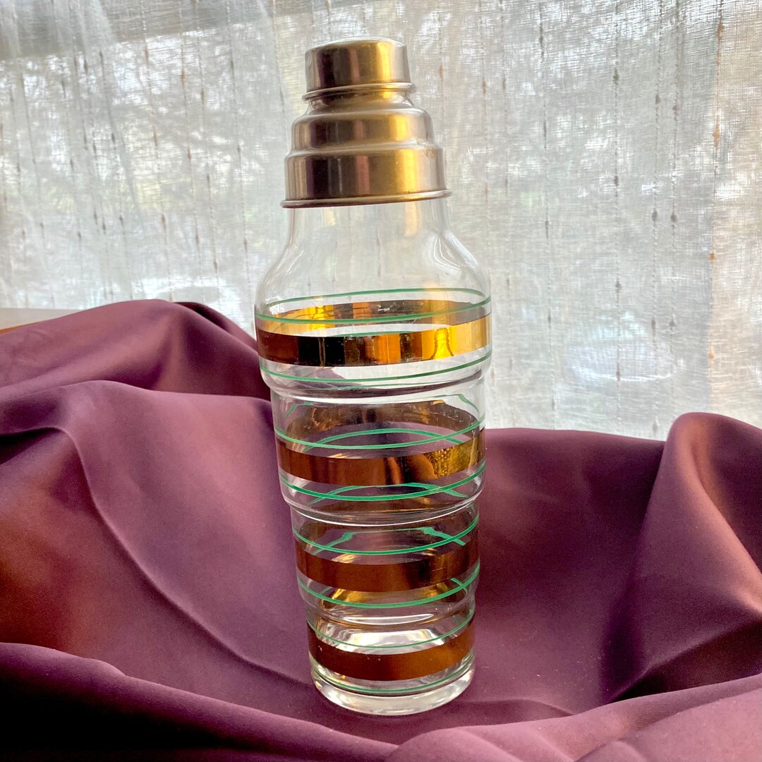 1930s Art Deco Federal Glass Cocktail Shaker With Gold and Green Bands ...