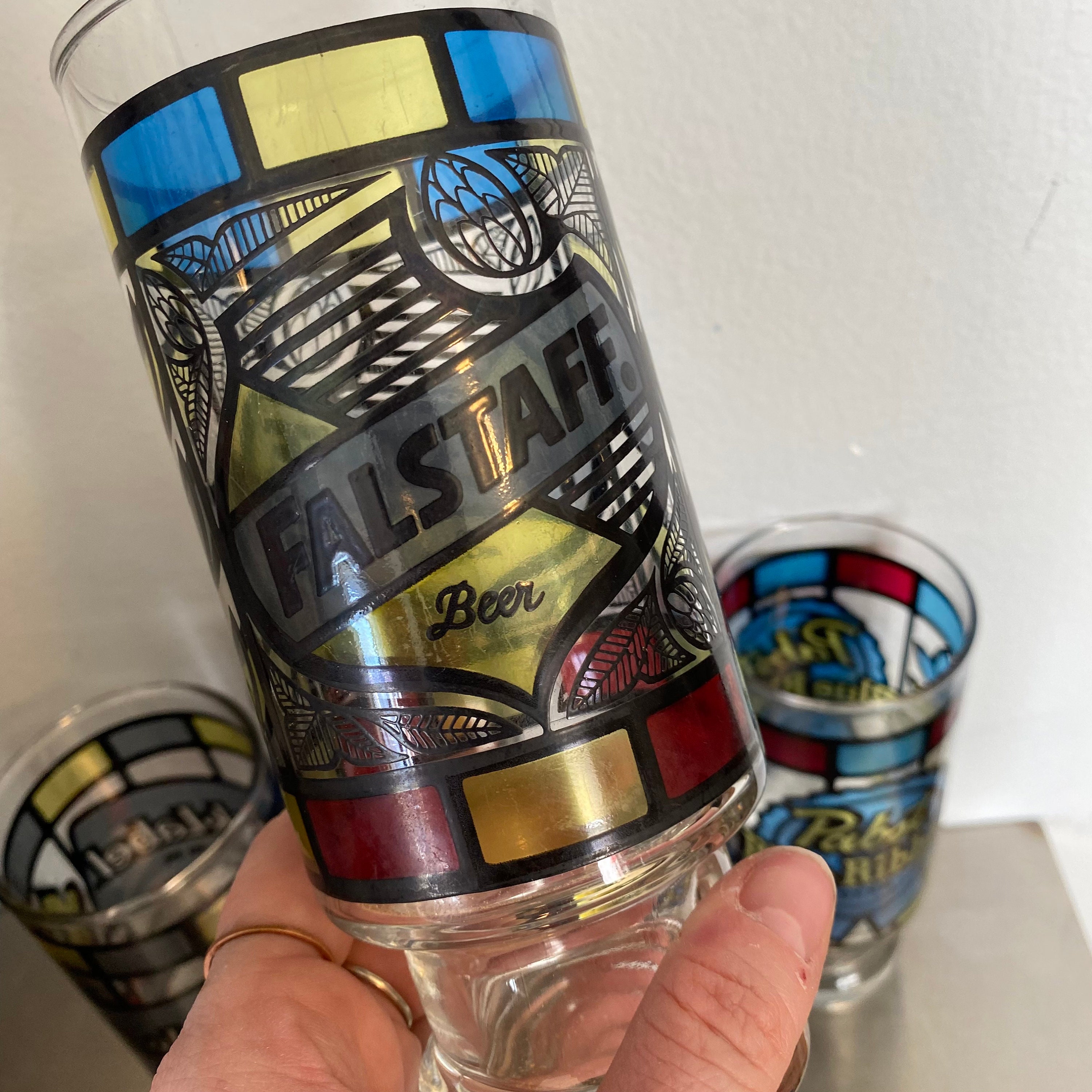 Set of Four 1970s Stained Glass Beer Glasses: Black Label, Falstaff ...