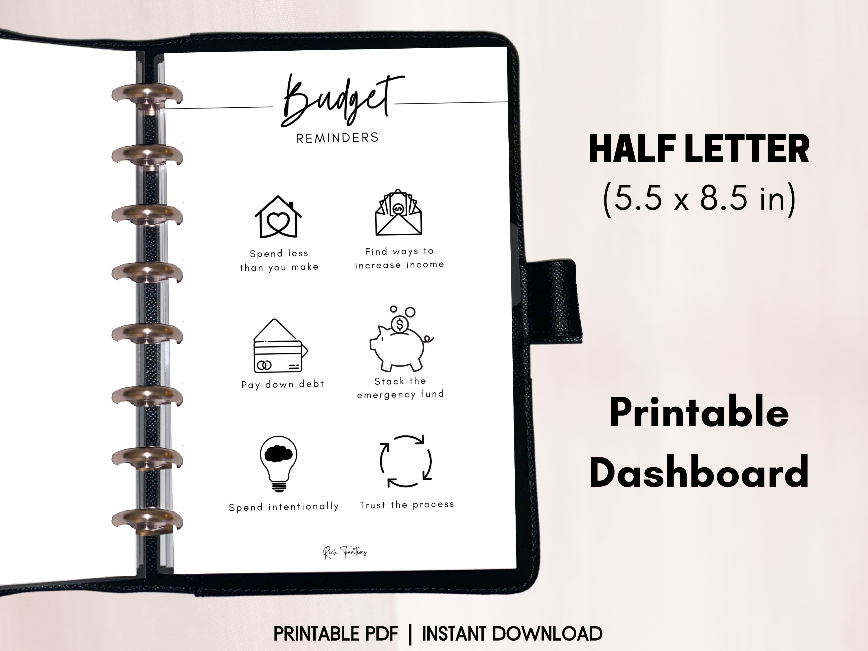 Budget Reminder Dashboard, Printable, Minimal, Half Letter Size ...