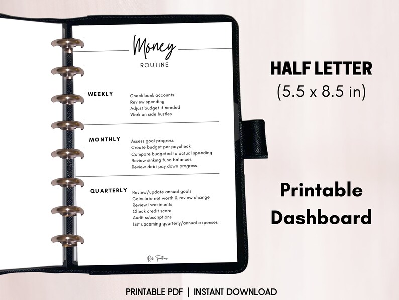 Money Routine Dashboard, Printable, Minimal, Half Letter Size ...