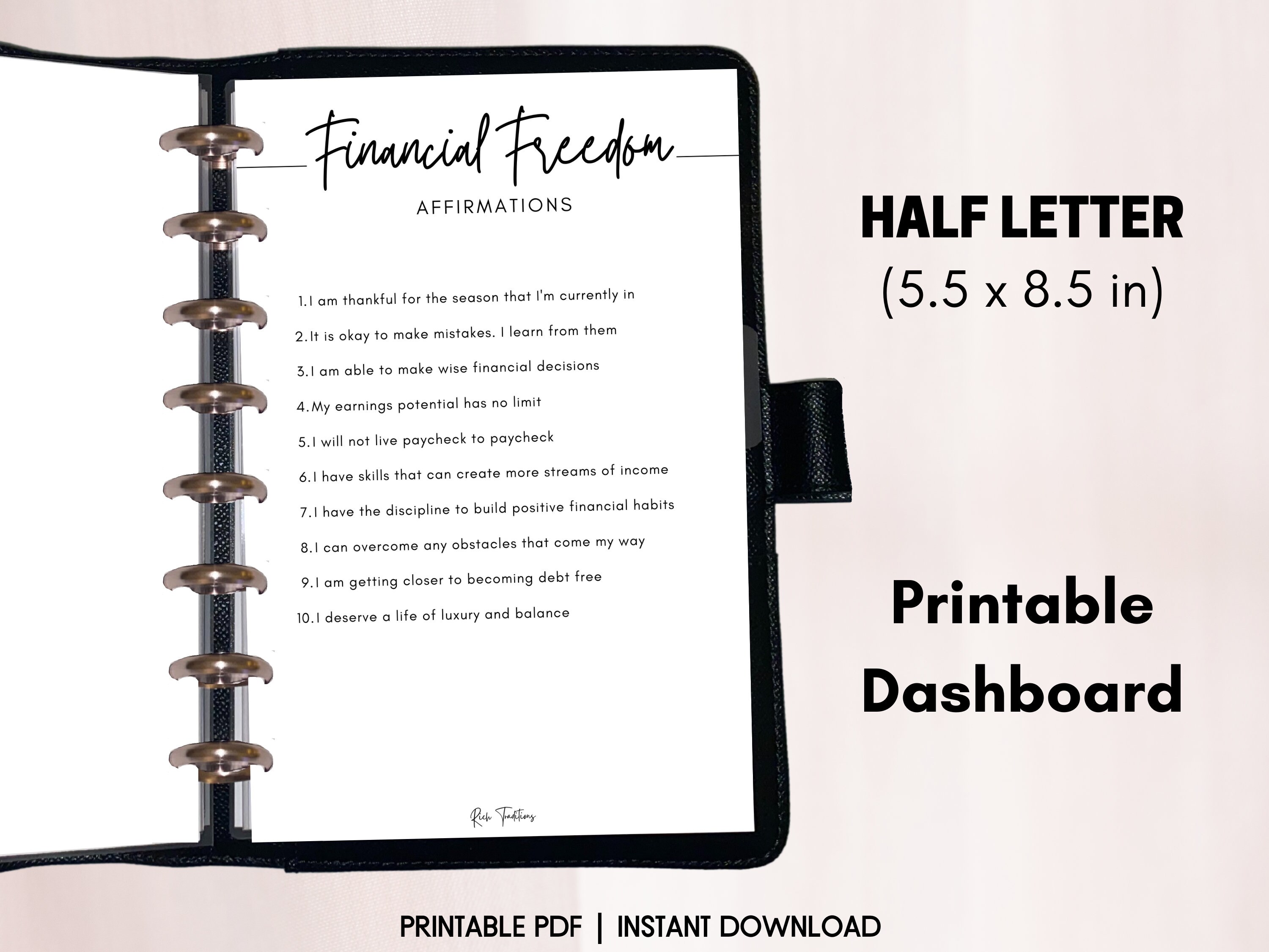 Financial Freedom Affirmation Dashboard, Printable, Minimal, Half ...