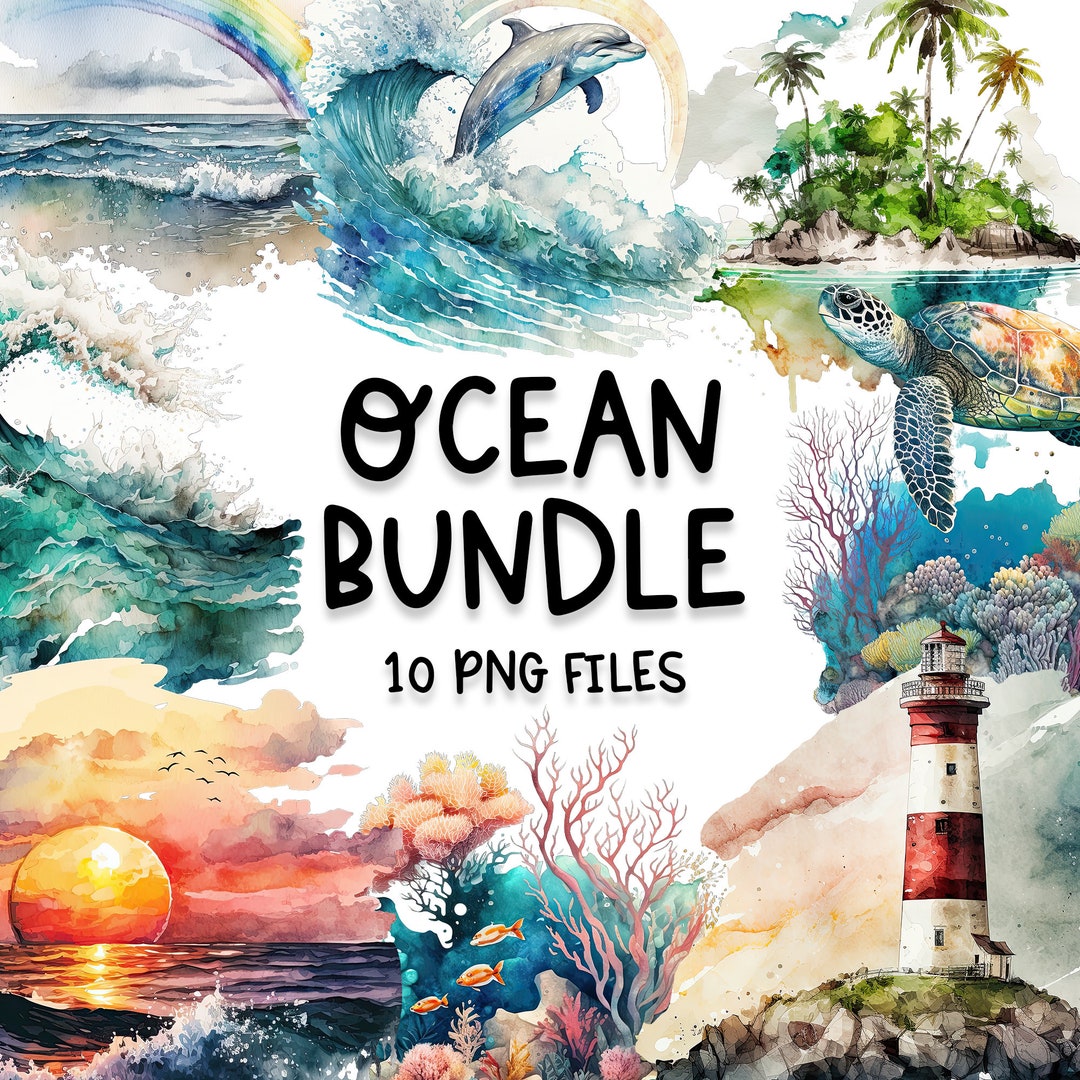 Ocean Watercolor Clipart PNG Bundle, Beach Watercolor Clipart PNG Files ...