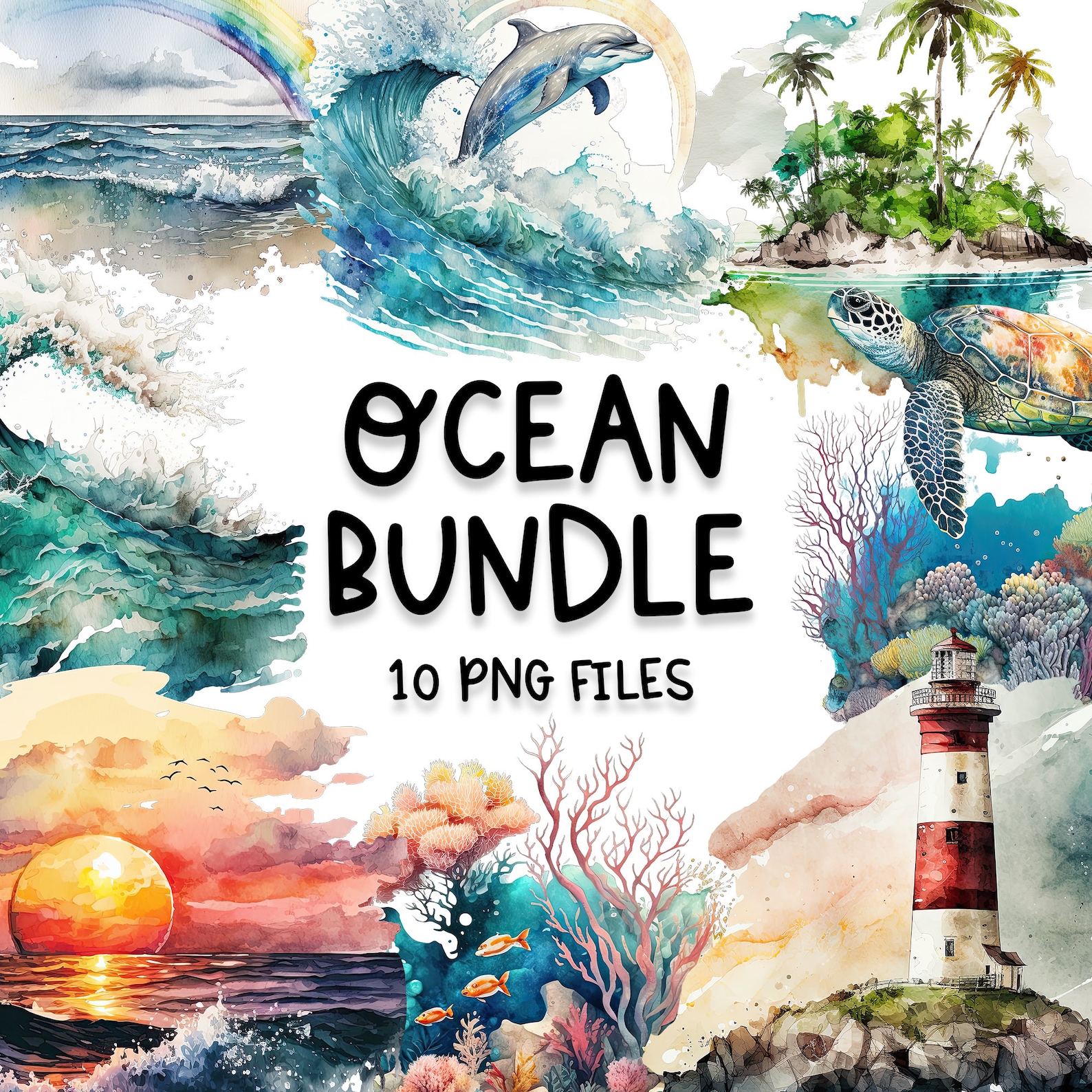 Ocean Watercolor Clipart PNG Bundle, Beach Watercolor Clipart PNG Files ...