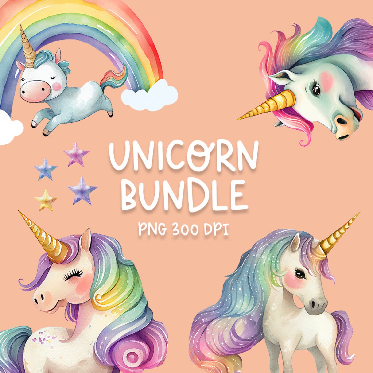 Unicorn Clipart PNG Bundle, Cute Watercolor Unicorn Clipart PNG ...