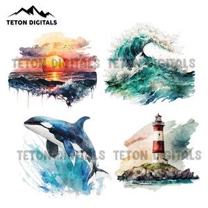 Ocean Watercolor Clipart PNG Bundle, Beach Watercolor Clipart PNG Files ...