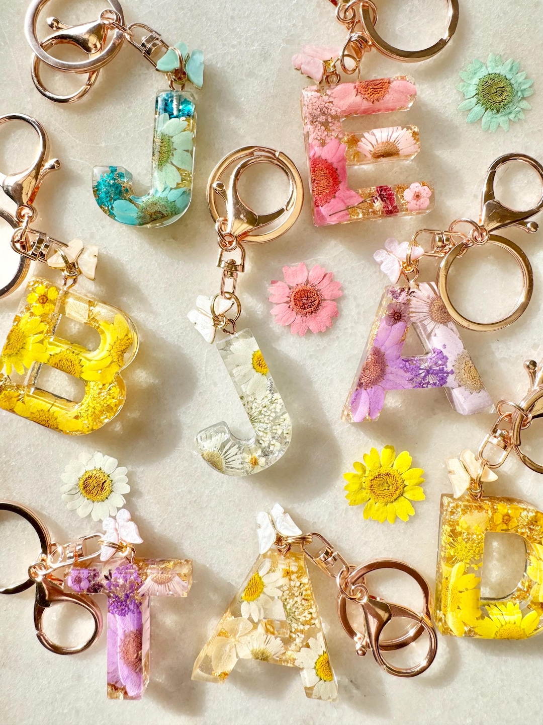 Floral Resin Initial Keyring: Personalised Letter With Rosegold ...