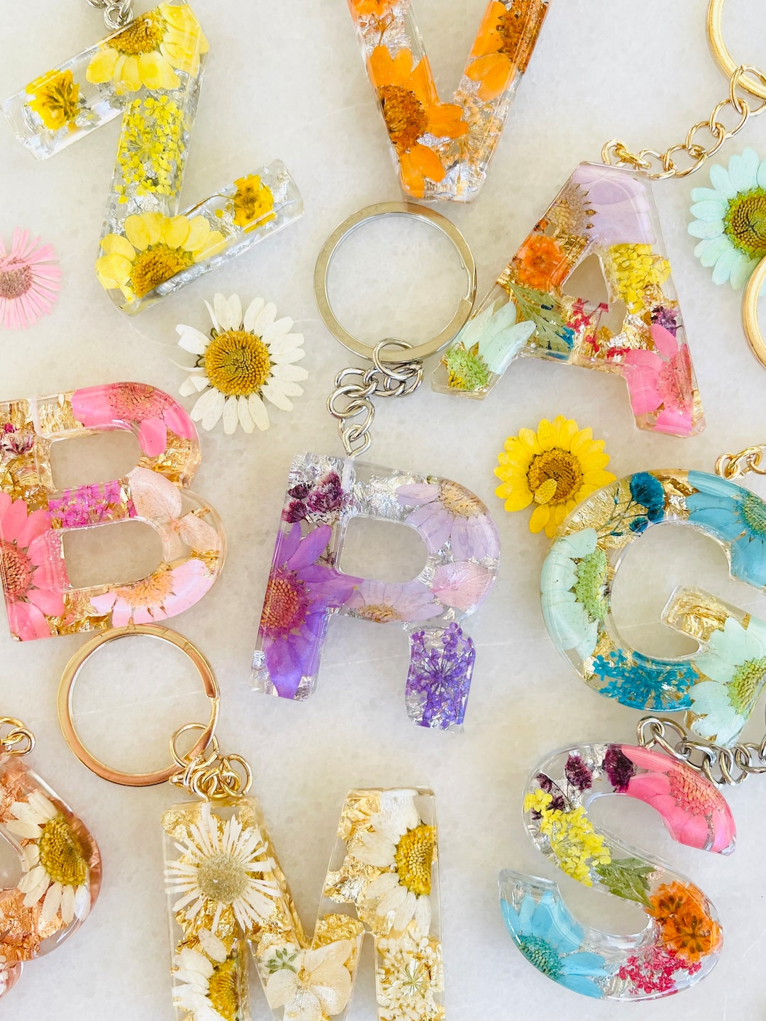 Resin Floral Initial Keyring: Personalized Flower Keychain With Tassel ...