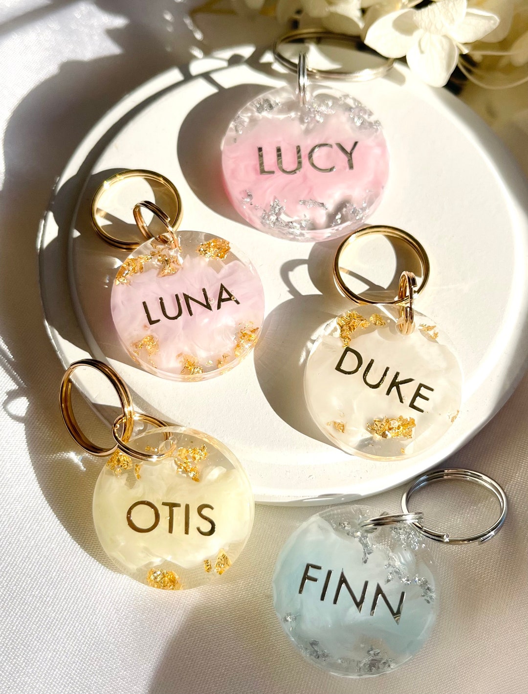 Personalised Resin Pet ID Tag: Round Dog Tag With Metallic Flakes - Etsy