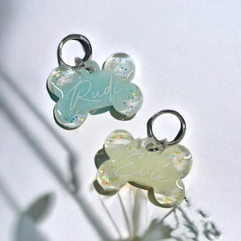 Personalized Resin Dog Tag: Pastel Glitter Pet ID, Bone Shape - Etsy