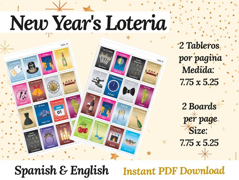 New Year's Eve Loteria Game: Bilingual Bingo, 20 Printable Boards (PDF ...