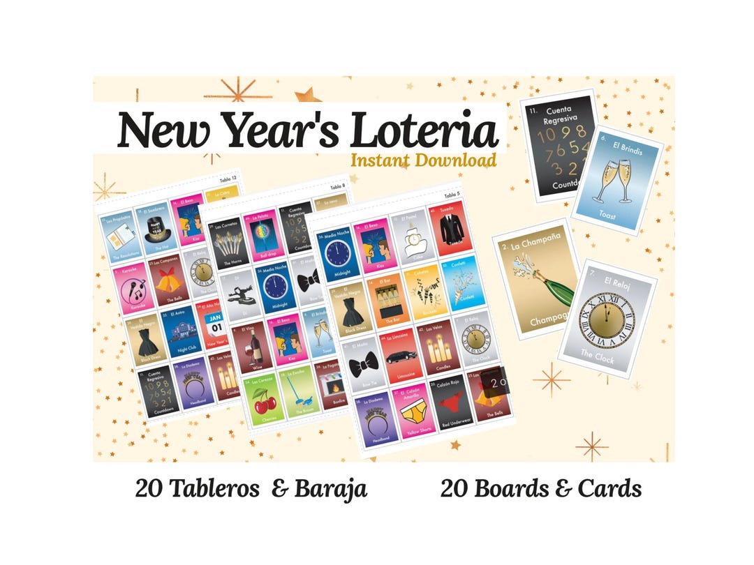 New Year's Eve Loteria Game: Bilingual Bingo, 20 Printable Boards (PDF ...