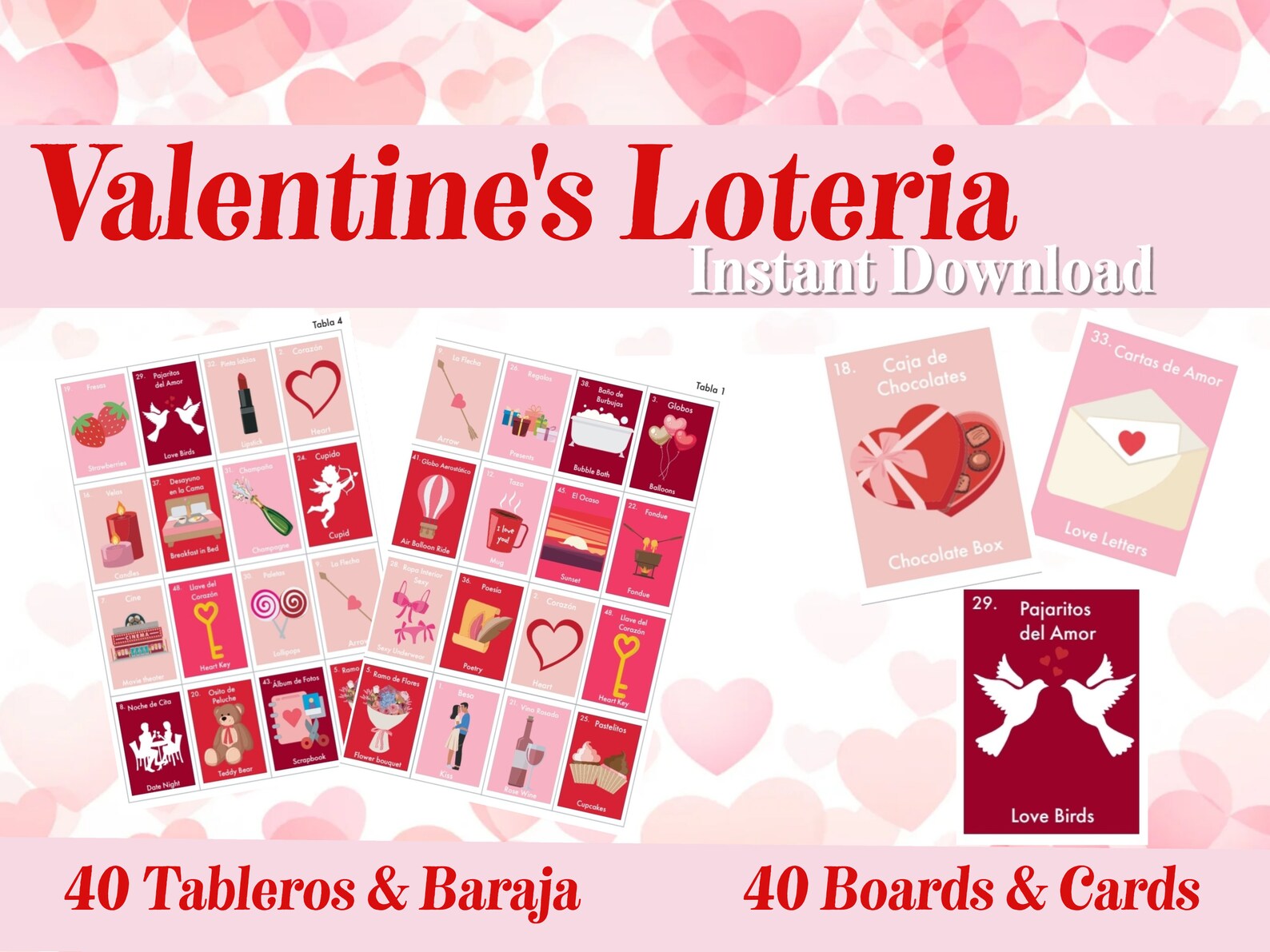 Valentine’s Loteria / Bingo Game. Spanish & English, 40 Tableros Para ...