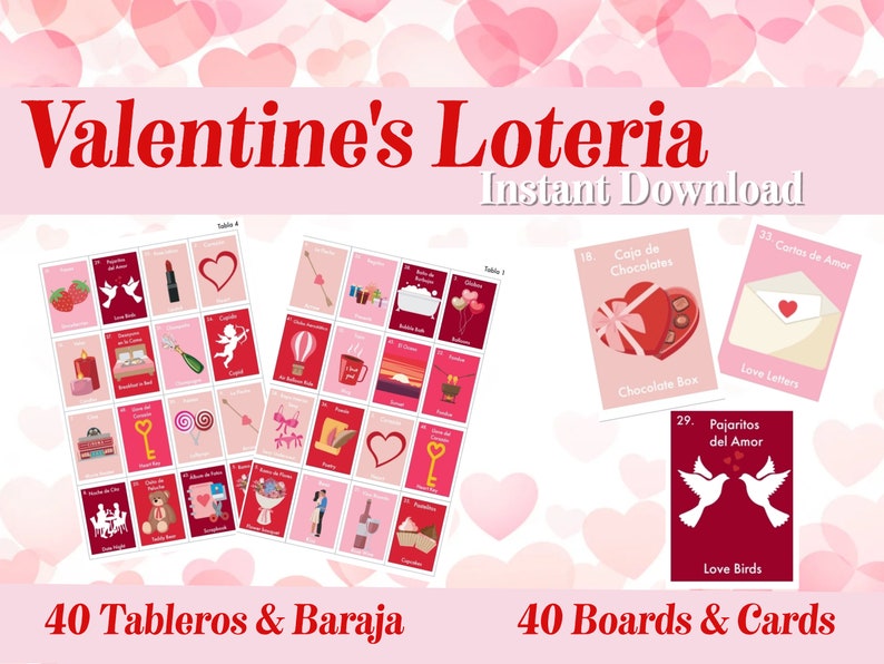 Valentine’s Loteria / Bingo Game. Spanish & English, 40 Tableros Para ...