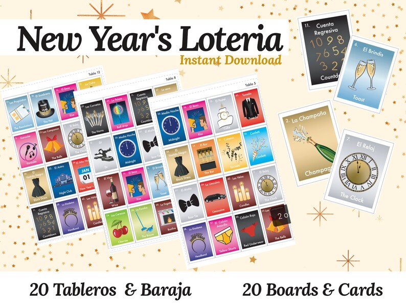 New Year's Eve Loteria Game: Bilingual Bingo, 20 Printable Boards (PDF ...