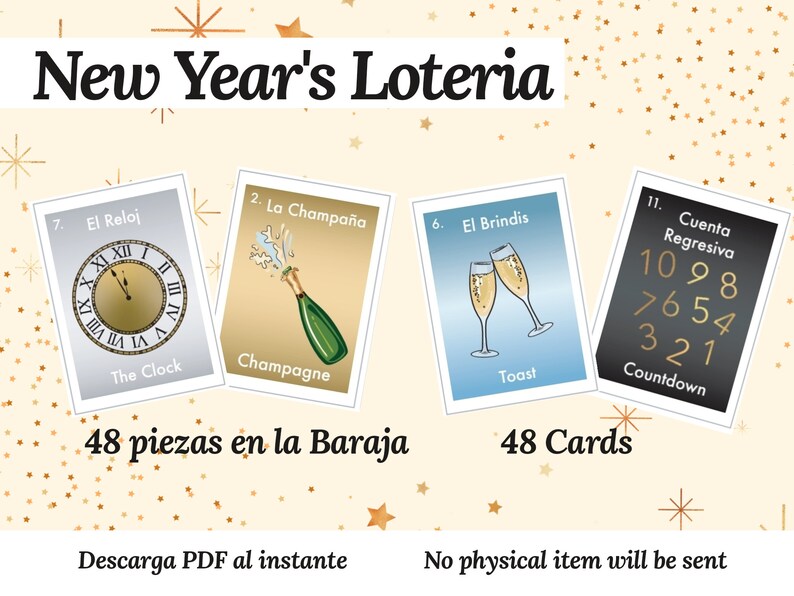 New Year's Eve Loteria Game: Bilingual Bingo, 20 Printable Boards (PDF ...