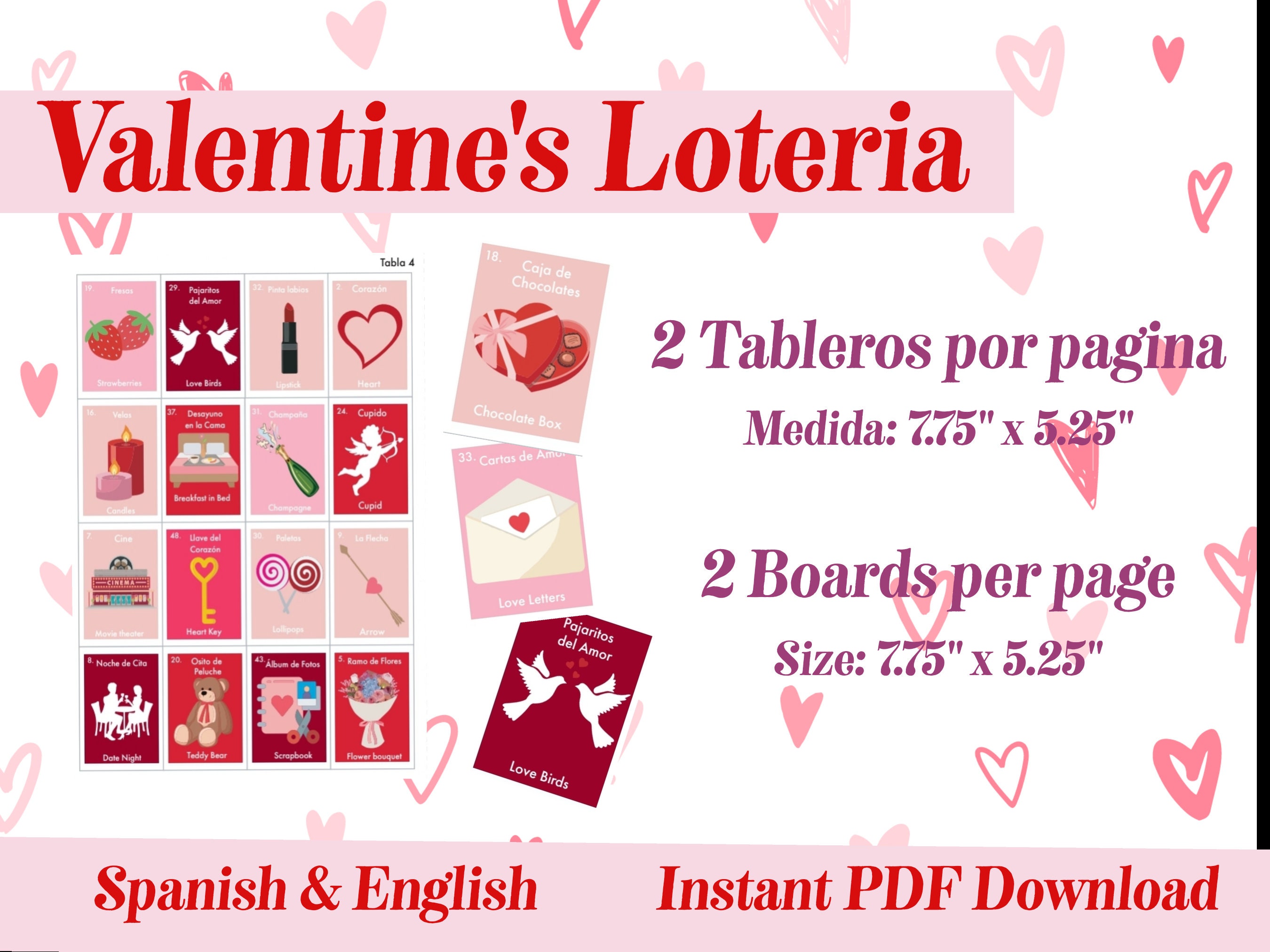 Valentine's Day Loteria Game: Spanish & English Bingo, 20 Boards ...