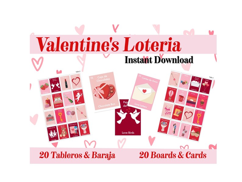Valentine's Day Loteria Game: Spanish & English Bingo, 20 Boards ...