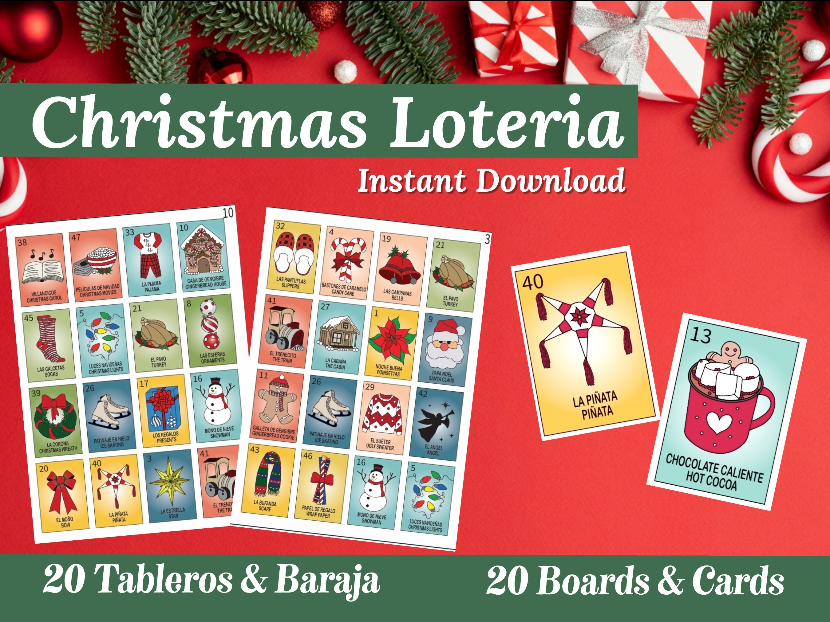 Christmas Loteria Bingo Game: Spanish & English Loteria, 20 Boards ...