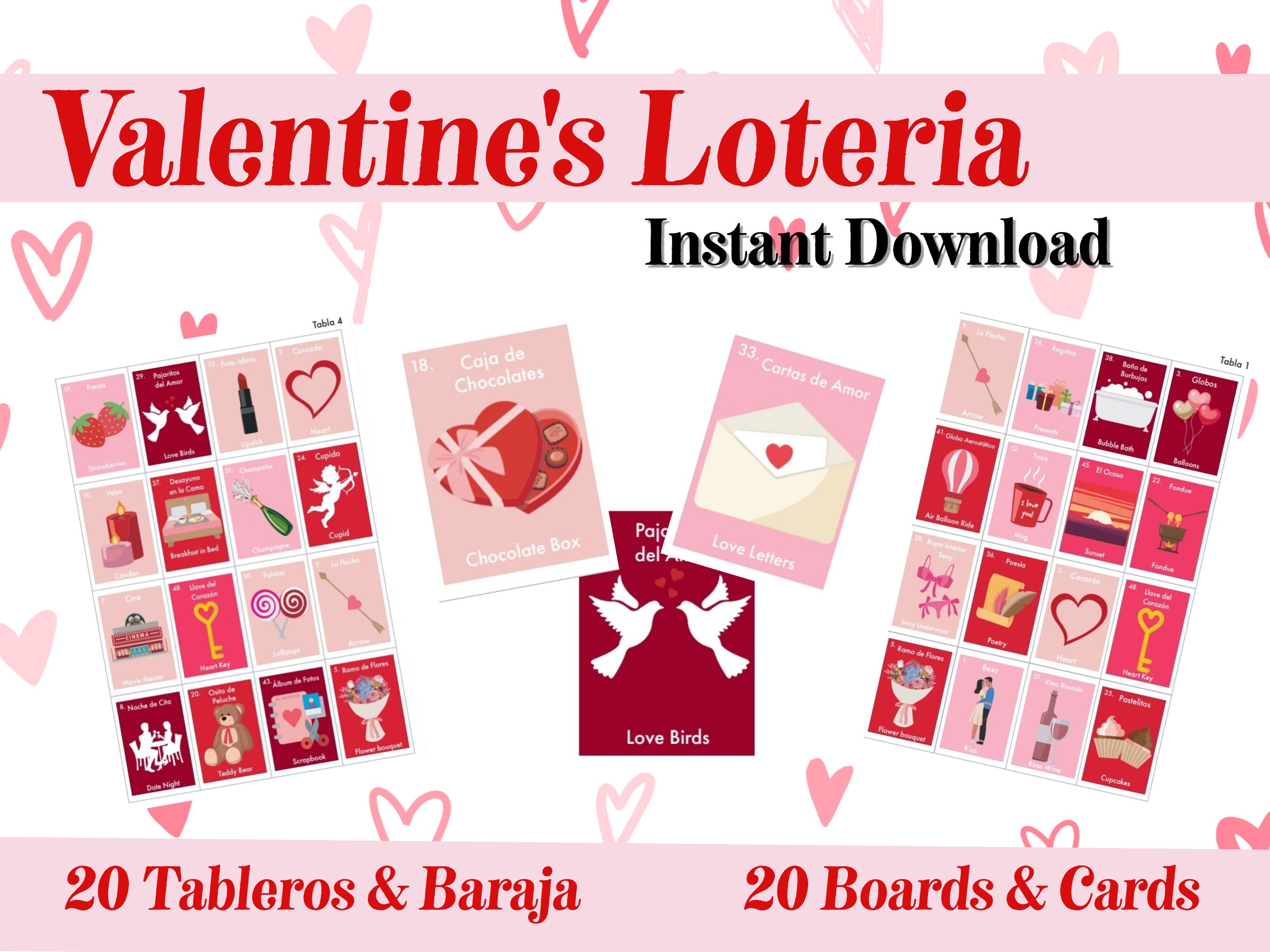 Valentine's Day Loteria Game: Spanish & English Bingo, 20 Boards ...