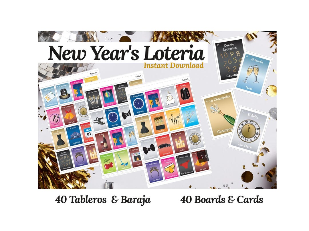 New Year's Eve Loteria Bingo Game: Spanish & English, 40 Boards (PDF ...