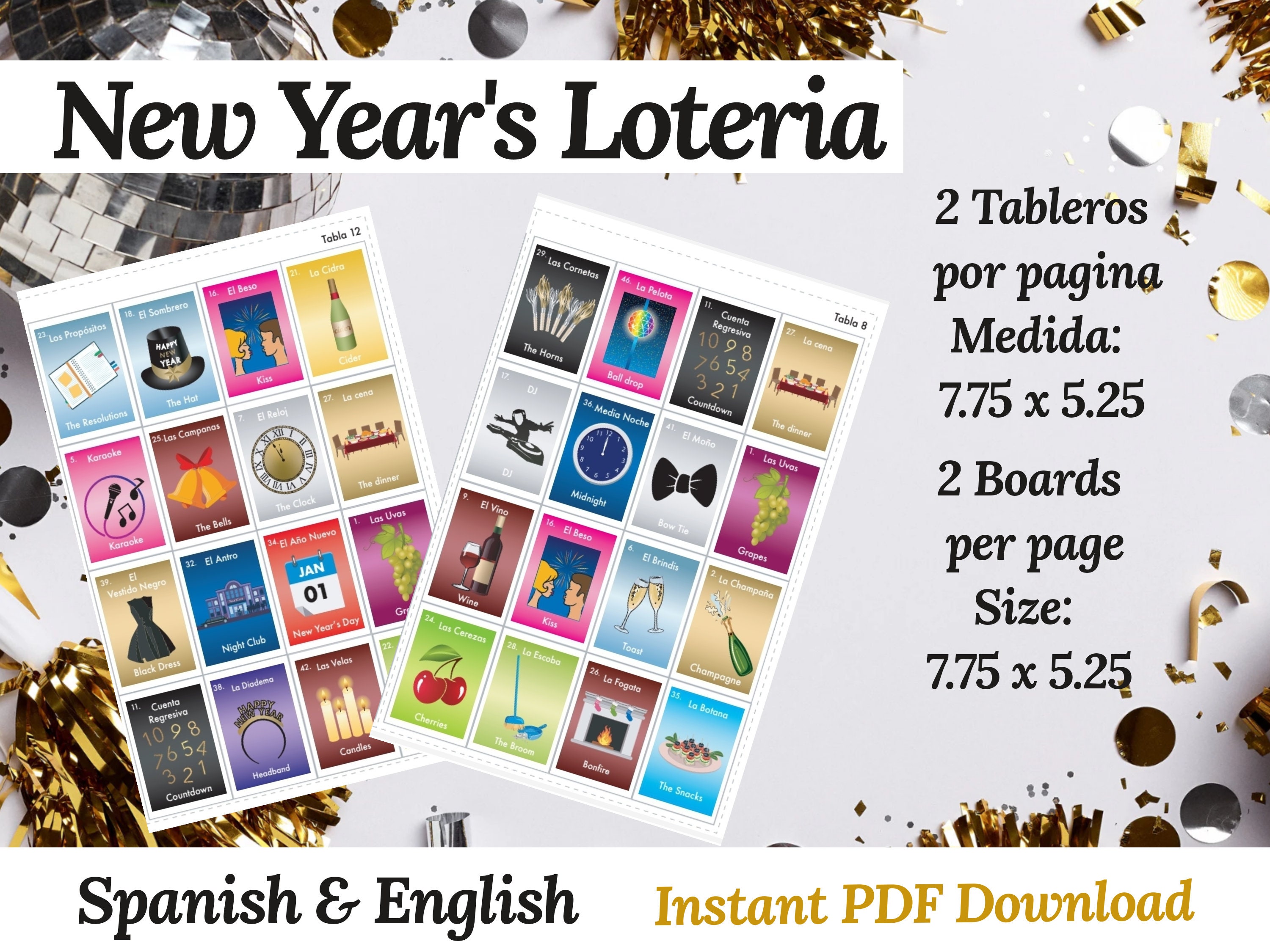 New Year's Eve Loteria Bingo Game: Spanish & English, 40 Boards (PDF ...