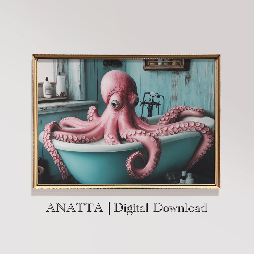 Sad Octopus in the Bathtub, Funny Animals Wall Art, Whimsy Animals Art ...