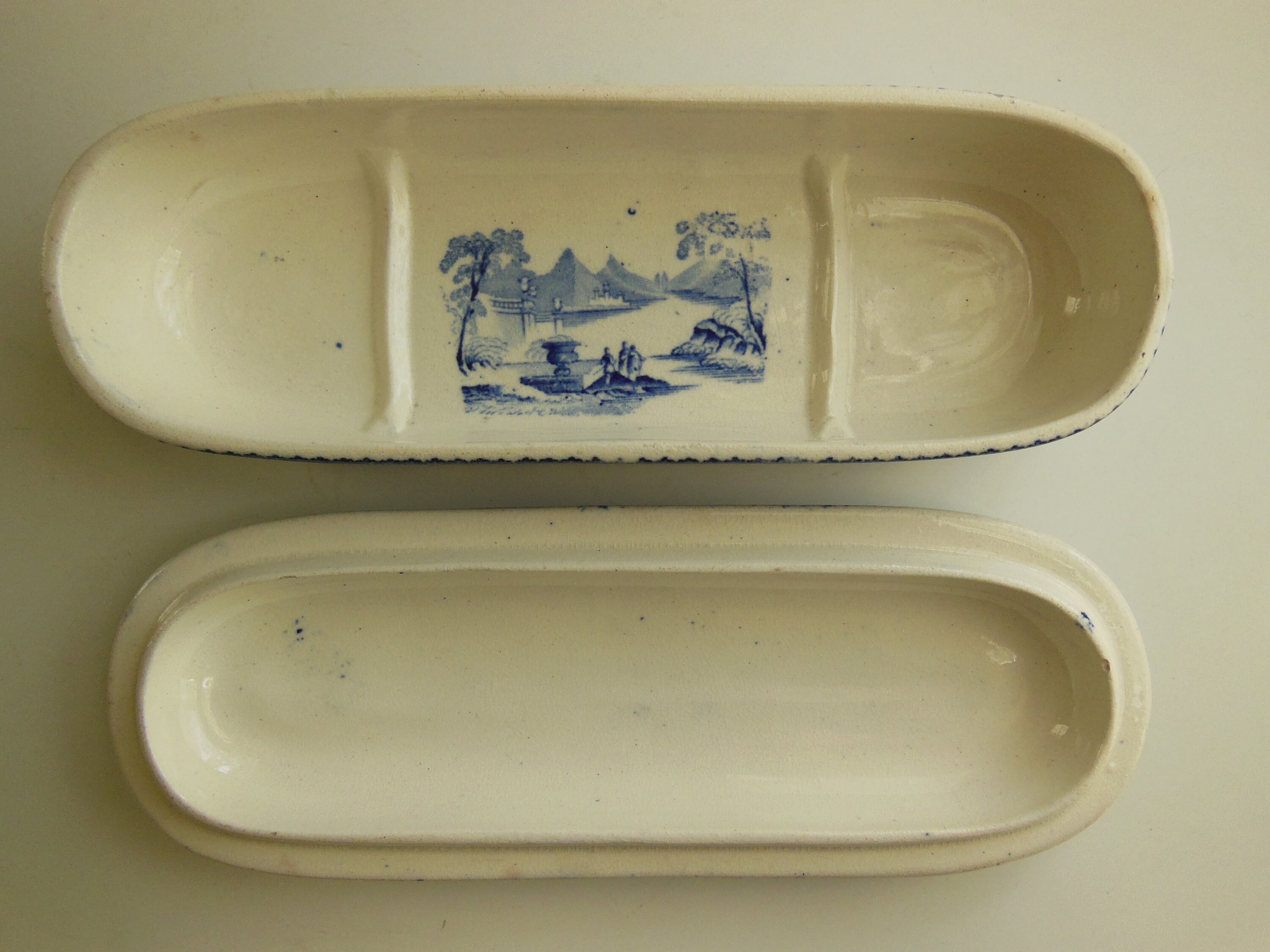 Victorian Staffordshire Toothbrush Razor Quill Box Blue & White ...