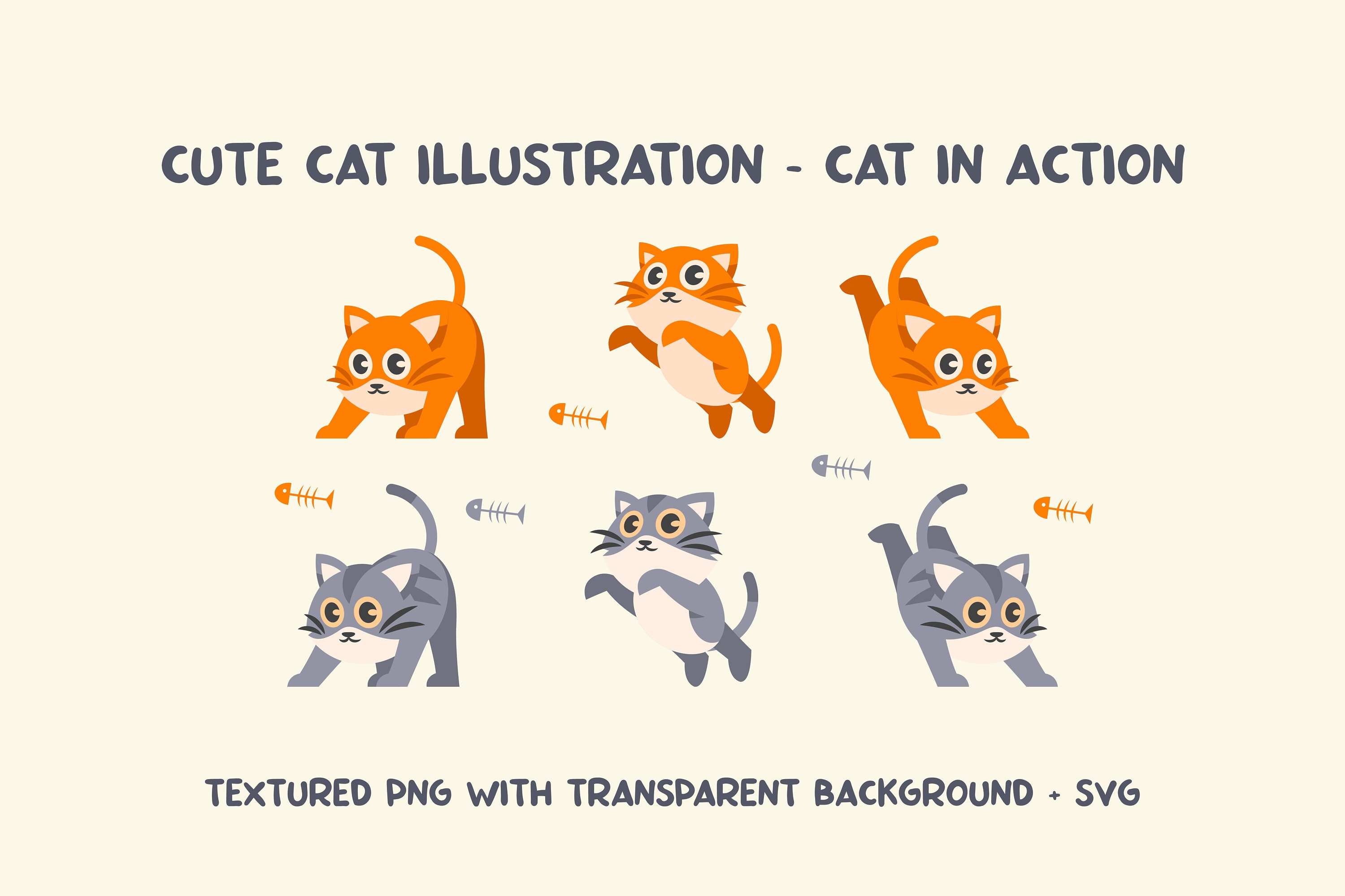 30 Cute Cat Illustration, Cat Clipart, Cat SVG Bundle, Orange Gray Cats ...