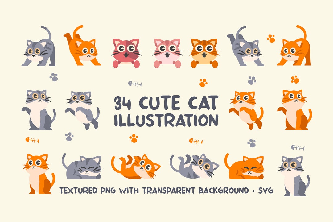 30 Cute Cat Illustration, Cat Clipart, Cat SVG Bundle, Orange Gray Cats ...