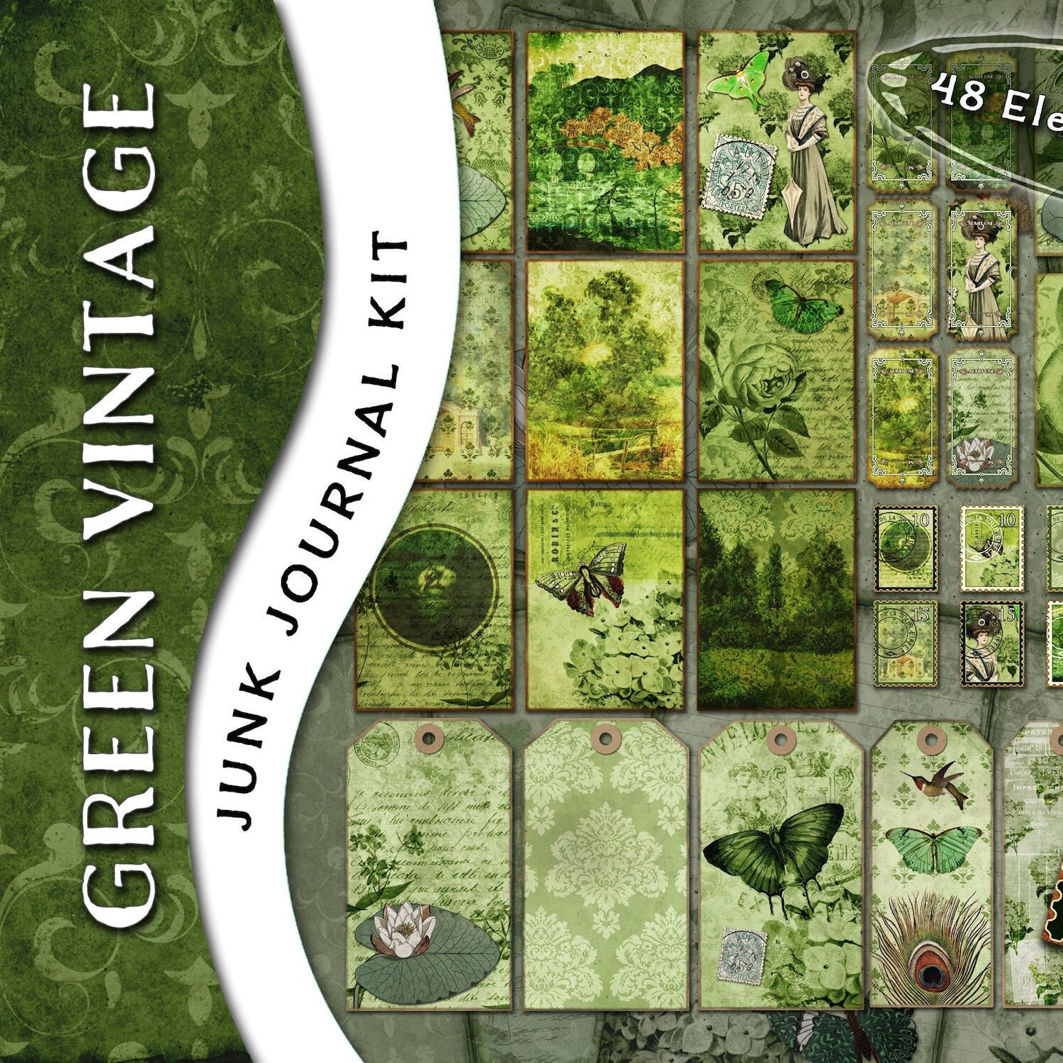 Green Vintage Junk Journal Kit, Green Journal, Vintage, Antique, French ...