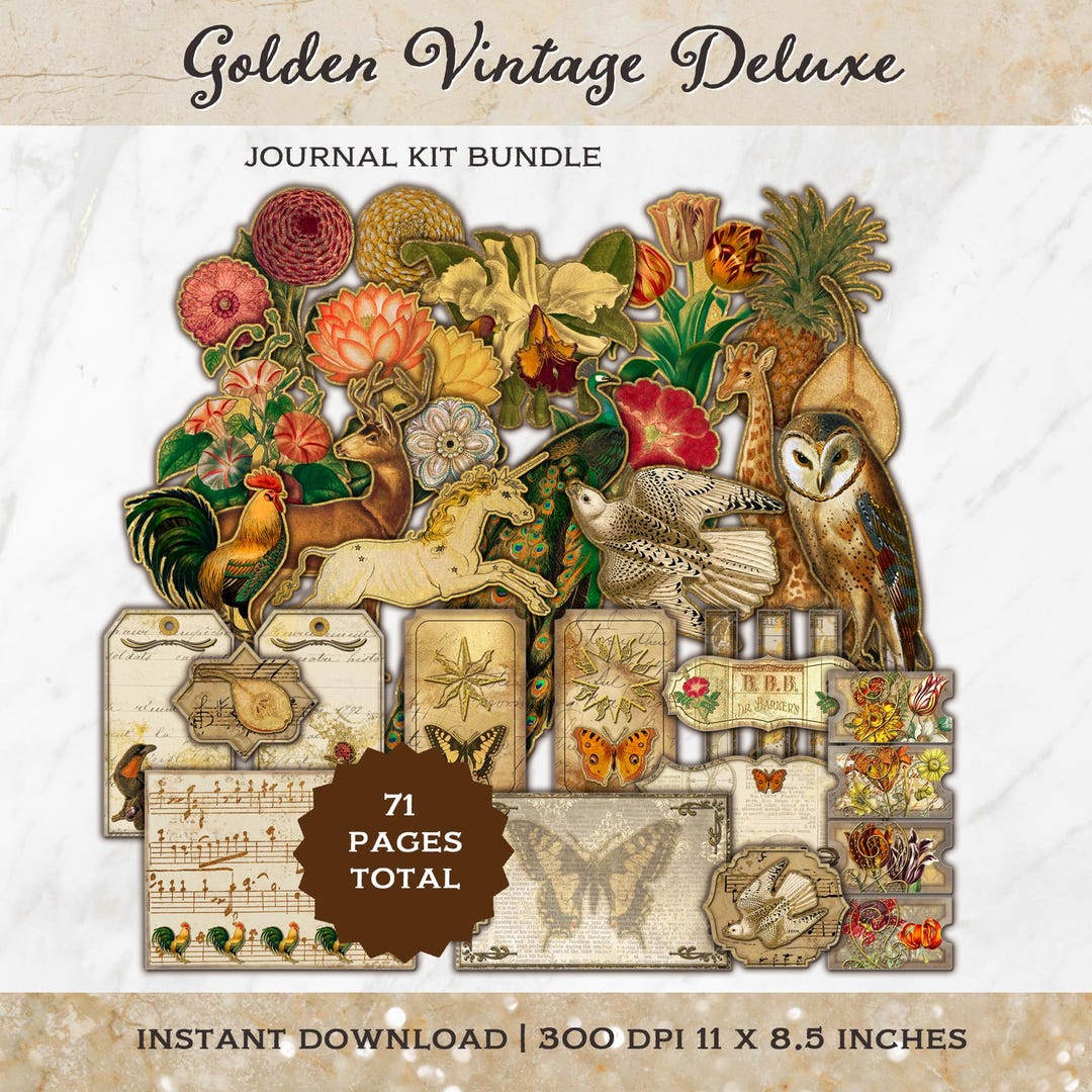 Golden Ephemera Journal Kit, Vintage Journal, Golden Journal, Shabby ...