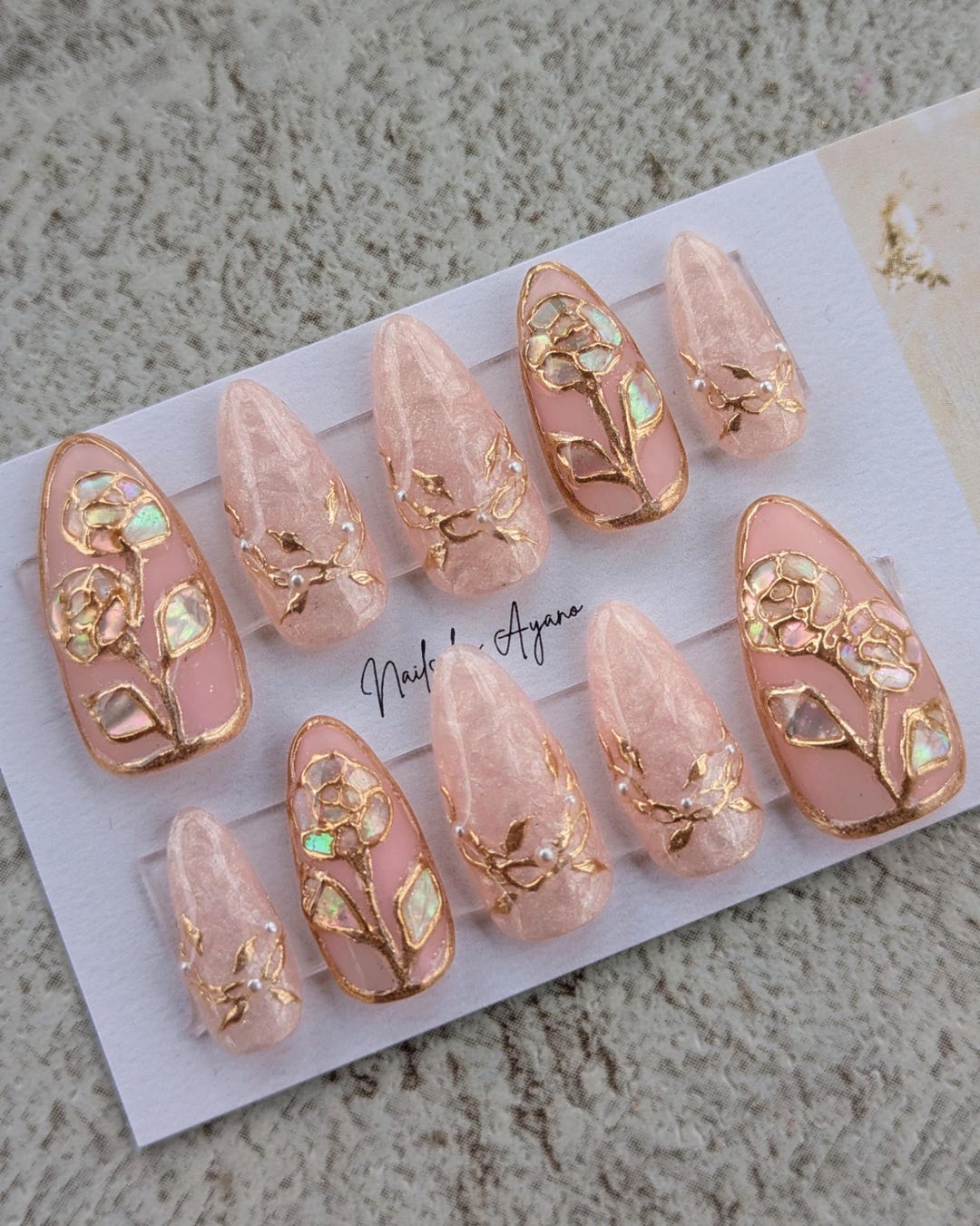 Rose Nails, Thread Pearl Nails, Pink Nails, Gold Nails, Hand Painted ...