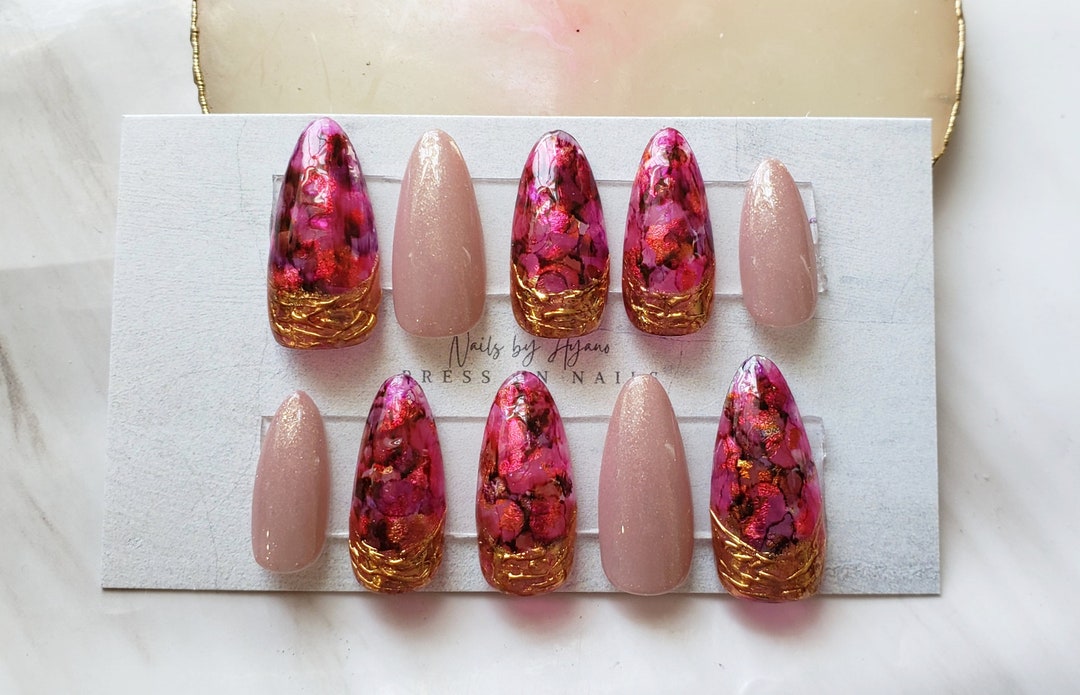 Hand Painted Press on Nails, Ink Nails, Gemstone Nails, Red Nails ...