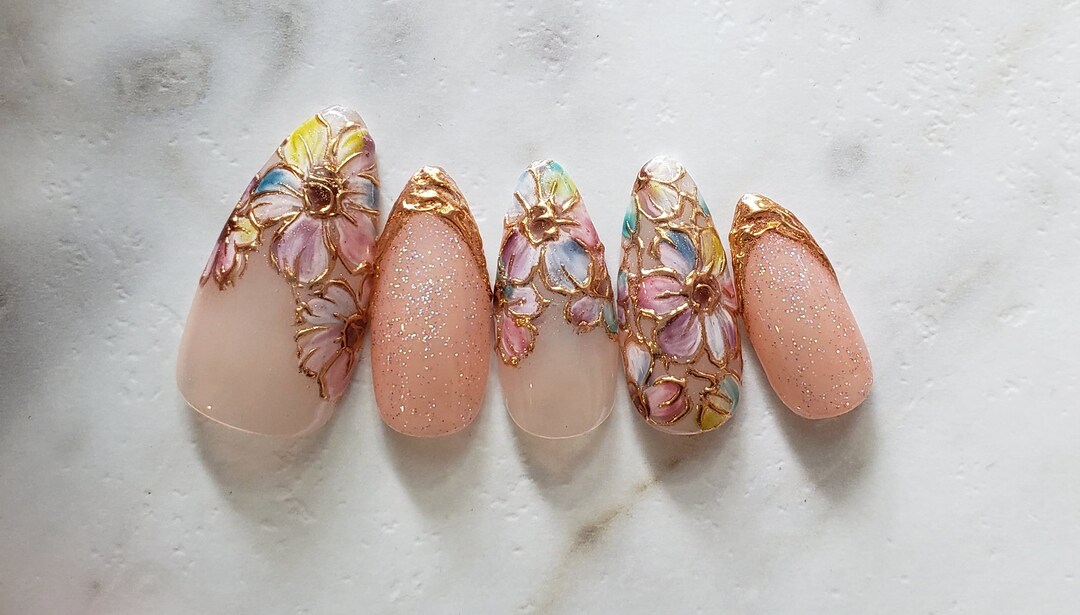 Hand Painted Press on Nails Flower Nails Chrome Nails - Etsy