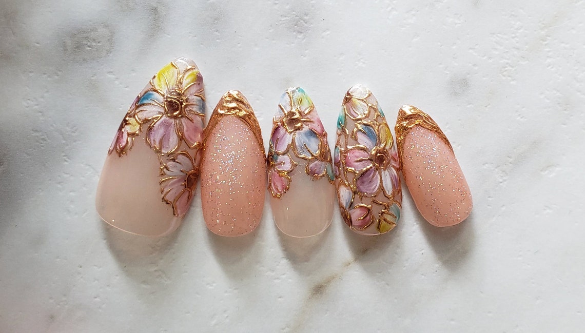 Hand Painted Press on Nails Flower Nails Chrome Nails - Etsy