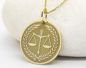 14K Solid Gold Scales of Justice Necklace, Lawyer Pendant, Dainty Scale ...