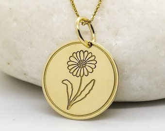 14k Solid Gold Daisy Flower Necklace , Personalized Gold Daisy Pendant ...