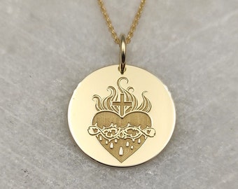 14K Solid Gold Sacred Heart Pendant, Gold Religious Coin Necklace ...