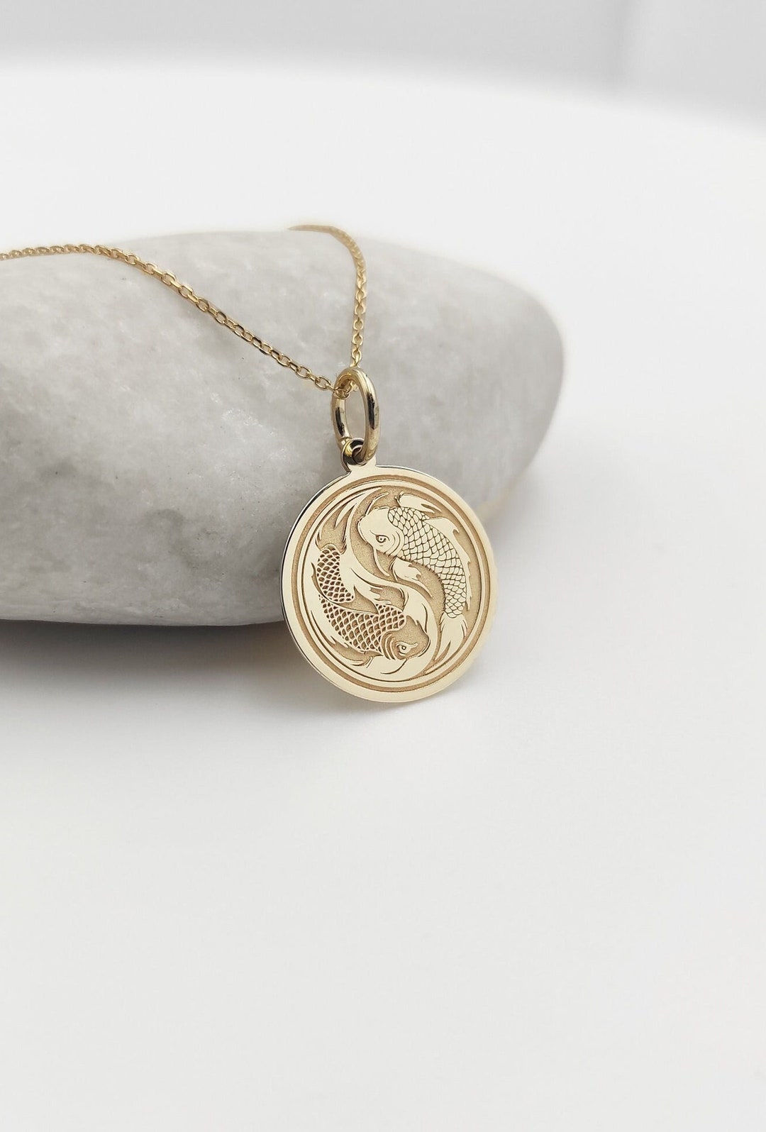 14K Real Solid Gold Yin Yang Koi Fish Pendant, Gold Koi Fish Coin ...