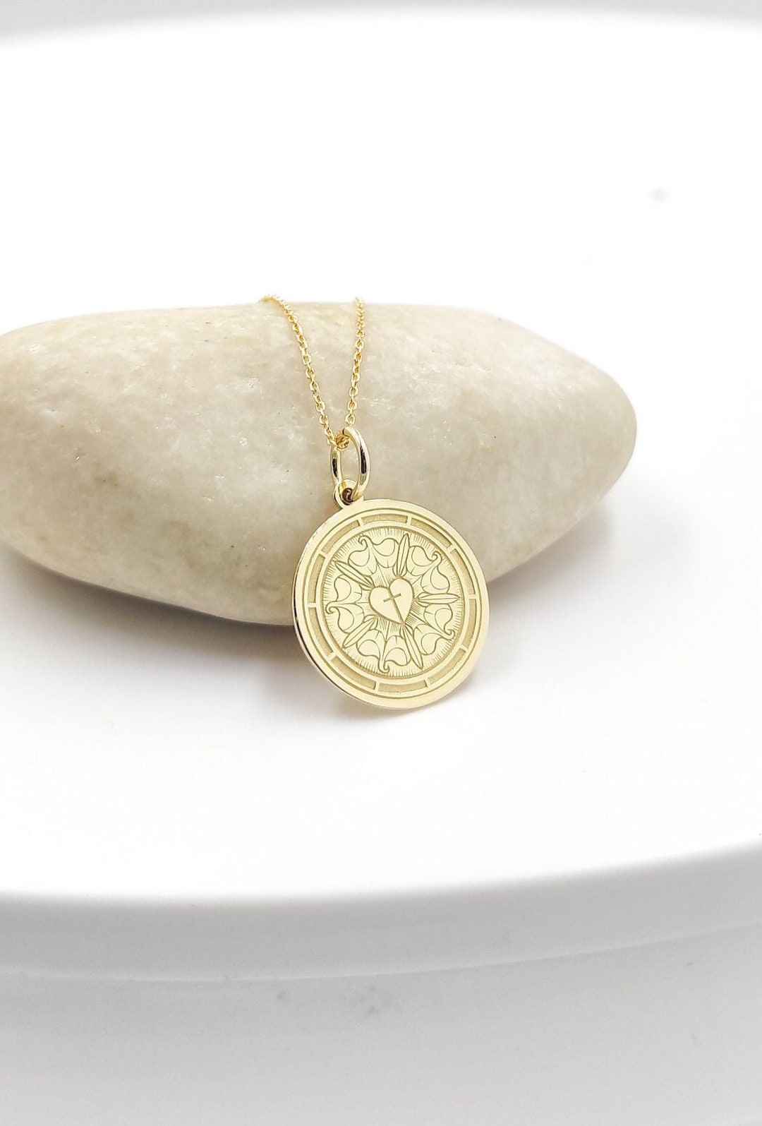14K Solid Gold Luther Rose Necklace, Dainty Religious Rose Coin Pendant ...