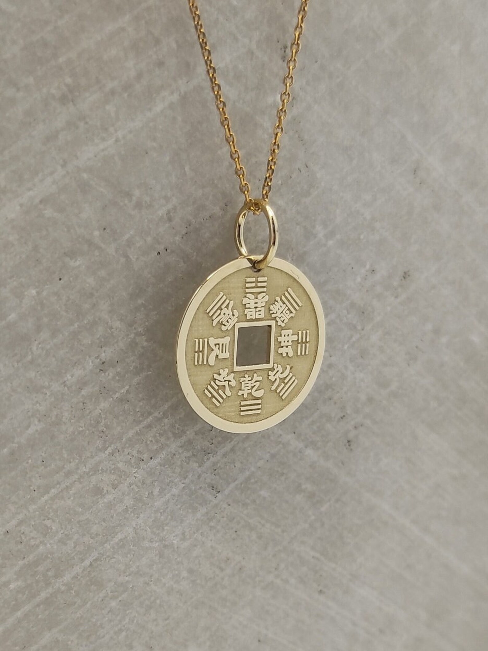 14K Solid Gold Chinese Coin Necklace: Engraved Feng Shui Charm - Etsy